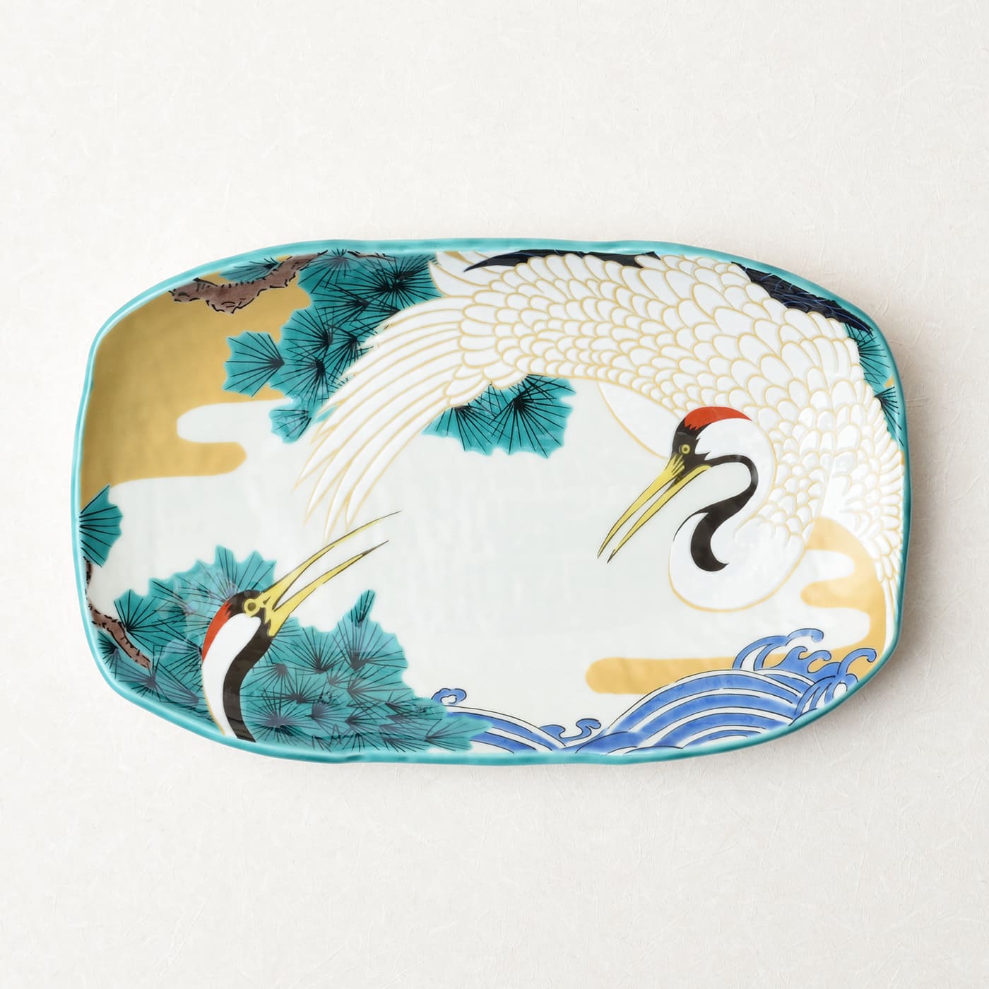 Kutani Ware Rectangle Plate with White Crane and Pine – Japanese Kutani ...
